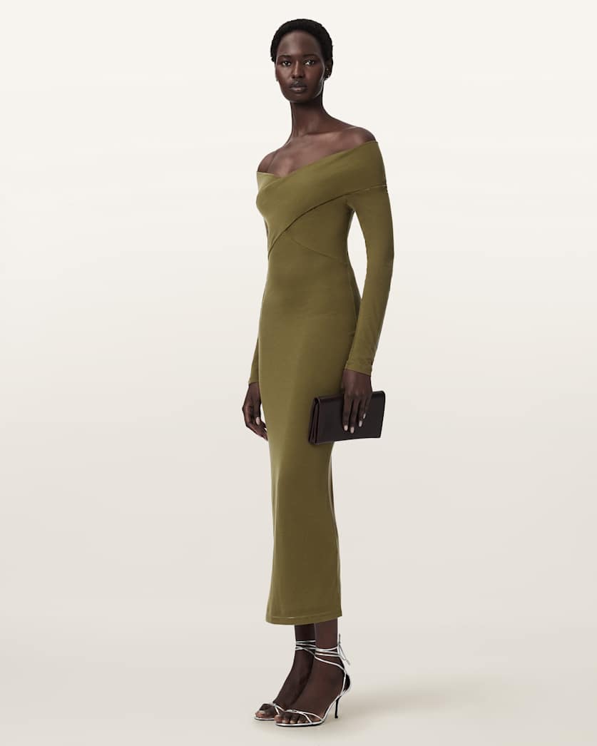Delta Bodycon Jersey Midi Dress KHAKI GREEN | ALLSAINTS